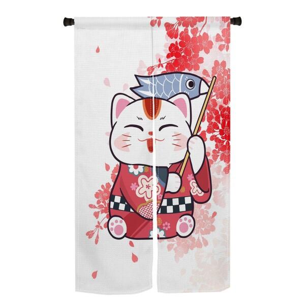 Qinunipoto 暖簾 猫 桜 シンプル風 招き猫 のれん シンプル風 幅85cm丈150cm インテリア 出入り口 目隠し おしゃれ すだれ 遮光 部屋 間仕切りカーテン 門カーテン ポリエステル製 オーダー可 簡単取付 四季兼用商品...