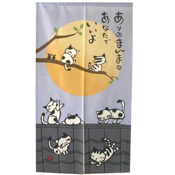 のれん 暖簾 おしゃれ 和風 可愛い猫 満月柄 間仕切り カーテン ロング 幅85cm x丈170cm 玄関 階段 廊下 リビング 脱衣所 お風呂 戸口 目隠し 遮光 プライバシー保護 ドア 仕切り つきみねこ NR1410商品コード：55...