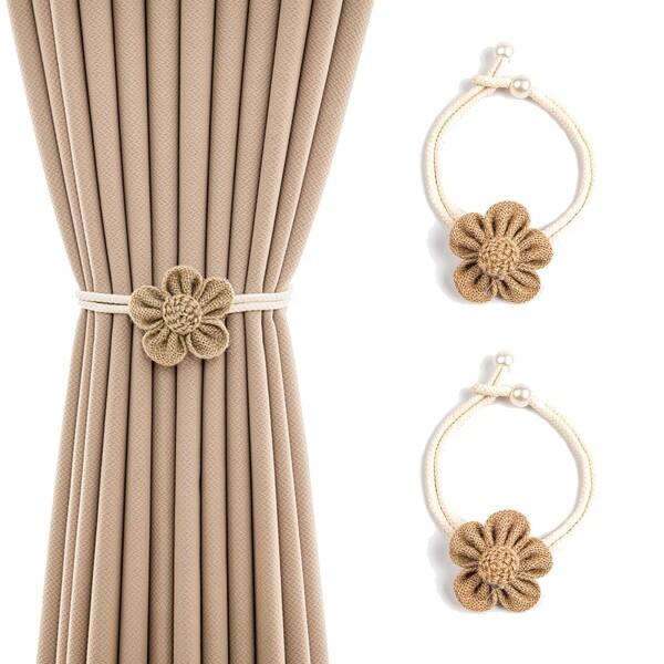NazyJnn 天然素材 カーテンタッセル 花モチーフ 2本セット 北欧風 高密度編み ピン留め式 おしゃれ カーテンホルダー カーテンアクセサリー 全長約49cm 花直径約8cm マグネット不要商品コード：55079447737型番：Na...