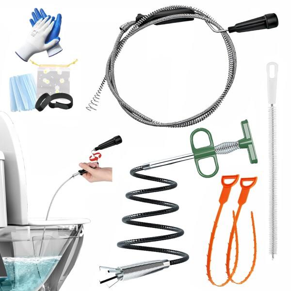 「家庭用・業務用」アップグレード版トイレ詰まり解消ツールセット：2m手回し式回転ワイヤー清掃機、1.6mステンレスクリープクロー、60cm洗浄ブラシ、狼牙式掃除棒2本（50cm）付き。排水管・トイレの詰まり疏通・清掃に多機能で便利なプロ仕様...