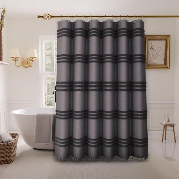 Inhousolu シャワーカーテン ファブリック バスカーテン 256GSM ポリエステル製 厚手 タフテッド テクスチャー ストライプ タッセル 金属フック14個付属 洗濯可能 撥水加工 高級 ホテル＆スパ 浴室 お風呂 (ダークグレー...
