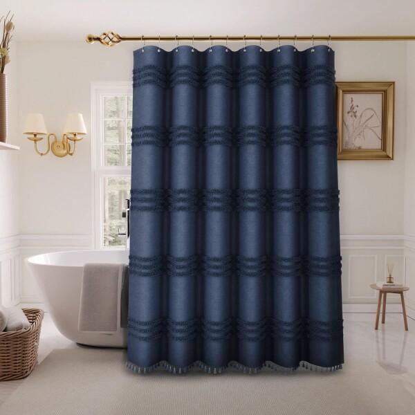 Inhousolu シャワーカーテン ファブリック バスカーテン 256GSM ポリエステル製 厚手 タフテッド テクスチャー ストライプ タッセル 金属フック14個付属 洗濯可能 撥水加工 高級 ホテル＆スパ 浴室 お風呂 (ネイビー, ...