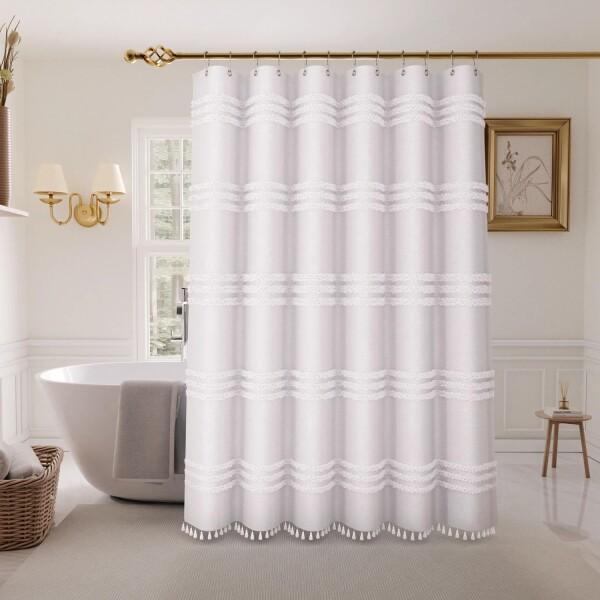 Inhousolu シャワーカーテン ファブリック バスカーテン 256GSM ポリエステル製 厚手 タフテッド テクスチャー ストライプ タッセル 金属フック14個付属 洗濯可能 撥水加工 高級 ホテル＆スパ 浴室 お風呂 (ホワイト, ...