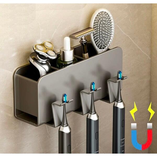 KAIXUANMAN マグネット 歯ブラシホルダー 電動歯ブラシスタンド マグネット 歯ブラシ立て 電動歯ブラシホルダー チューブスタンド ハミガキ 一括収納 多機能 バスルーム 浴室収納 3連 グレー商品コード：55079458254型番...