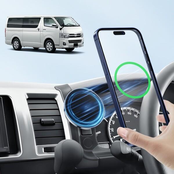 トヨタ ハイエース スマホホルダー 200系 2005+ magsafe 車載ホルダー ハイエース 携帯ホルダー スマホ ホルダー 車 マグネット マホスタンド 磁石 超強磁力 マグセーフ Magsafe対応 スマホ置き 車用 360度回転...