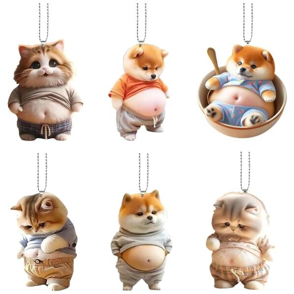 かわいいデブ猫・犬 キーホルダー 6個セット 2D 車用ルームミラー飾り 腹出しマスコット ボールチェーン付き アクリル製 バックミラーサスペンション装飾 車内デコレーション (A)商品コード：55079646304型番：64634サイズ：...
