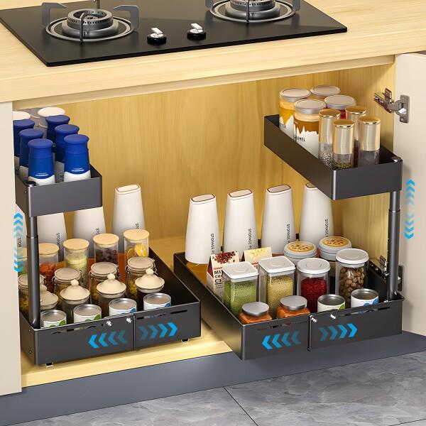 yaziシンク下収納 2段式 スライドラック スライドレール付き キッチン収納引き出し 伸縮式 収納バスケット 穴開け不要 スライドトレー  キッチンラック 台所・洗面台下 キッチン下収納棚 (ブラック)商品コード：55079674346型...