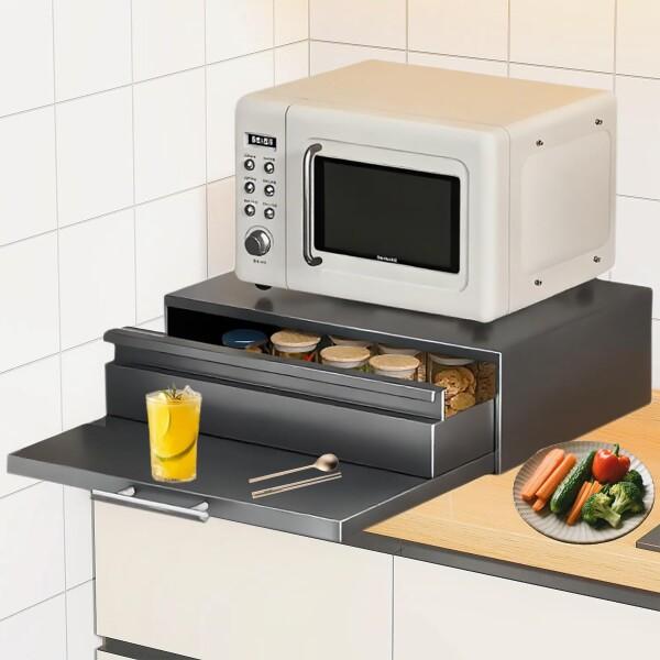 レンジ下スライドテーブル 家電下収納 大容量 耐荷重50kg 安定スライド 完成品 キッチン引き出し（幅47×奥行36~62×高さ13.5cm）炊飯器 トースター対応 スパイス収納 調味料ラック 取っ手付き 簡易設置 家電下整理 (2段トレ...