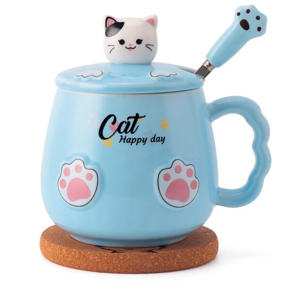 マグカップ蓋とスプーン付き 陶器 猫 コップ コーヒーカップ・マグ かわいい猫誕生日プレゼント（ホワイト） (ブルー)商品コード：55079683978型番：SDMB003サイズ：標準サイズカラー：ブルー素材:磁器容量:約400ml電子レン...