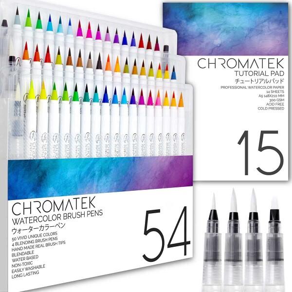 Chromatek (クロマテック) 54色のウォーターカラーペンと15ページのパッド 本物の筆のペン。 ブレンド用ブラシ4本。 簡単にブレンドできます。 色鮮やか。 なめらか。 ユニークな50色。 プロフェッショナルな画材。商品コード：5...