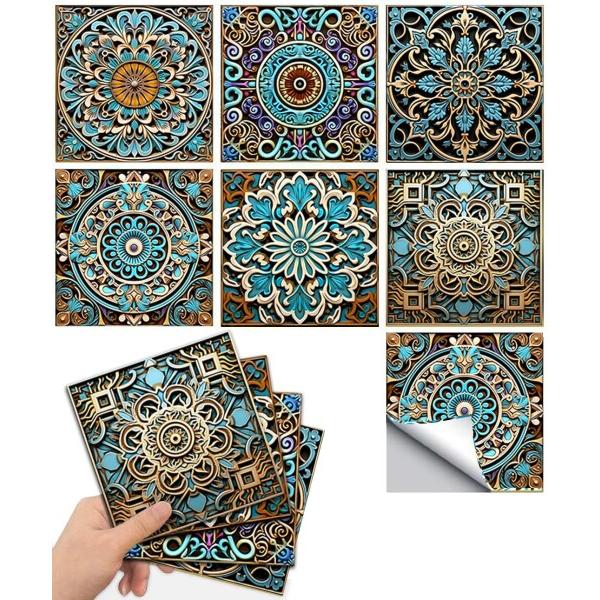 タイルシール 15cm x 15cm、20枚セット カラフルなモロッコ風 - 壁用モザイクタイル PVC製 断熱 防水 防汚 接着剤付き 自己粘着性 取り外し可能 賃貸でも安心 床 キッチン 洗面所 壁 リノベーション用 DIY装飾商品コー...