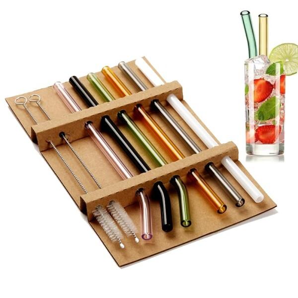 ガラスストロー マイストロー, BetterJonny20cmな長い曲がったガラス飲む繰り返し使用可能まがるカラー飲む 洗浄ブラシ付きカラーは子供用、スムージーカクテルホットドリンク用商品コード：55080848602サイズ：6+2ストロー...