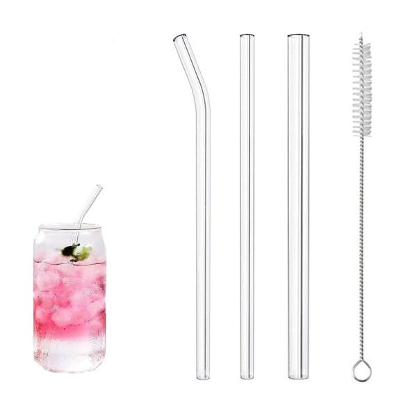 MiniMood3個セット ガラスストロー - 耐熱、再利用可能、安全無毒 飲用ストロー、ストレート(20cm)とベント(19.5cm)付き、直径0.8cmと1.2 cm、冷凍バブルティードリンク用、クリーニングブラシ付属商品コード：550...