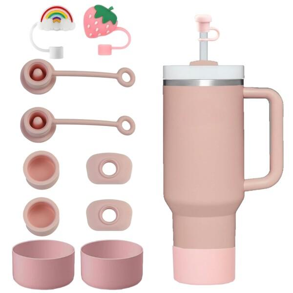 CONQUERALL ピンクのコップの保護一定ストロー キャップのこぼれのストッパーの漏出ストッパーのシリコーンの袖はスタンレーのコップのために普遍的取り替えます商品コード：55080848626サイズ：シリコンブーツ+ストローキャップ+漏...