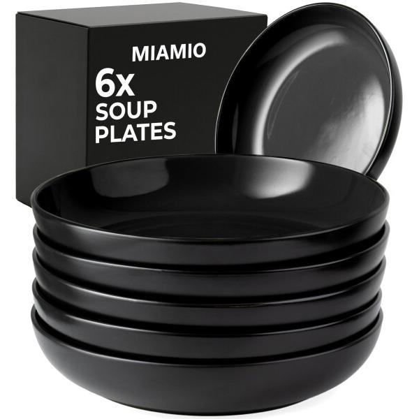 MIAMIO ? 900ml/22 cm Set of 6 Pasta Bowls/Salad Bowls, Pasta Plates Wide and Shallow Bowl, Large Ceramic Stoneware Deep ...