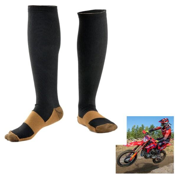 (Sunday Skull Club) バイクブーツ ハイソックス コンプレッション ロングソックス オフロード モトクロス エンデューロ トライアル エンジニアブーツ 靴下 段階着圧 疲労軽減 (薄手 ブラック*ゴールド)商品コード：55...