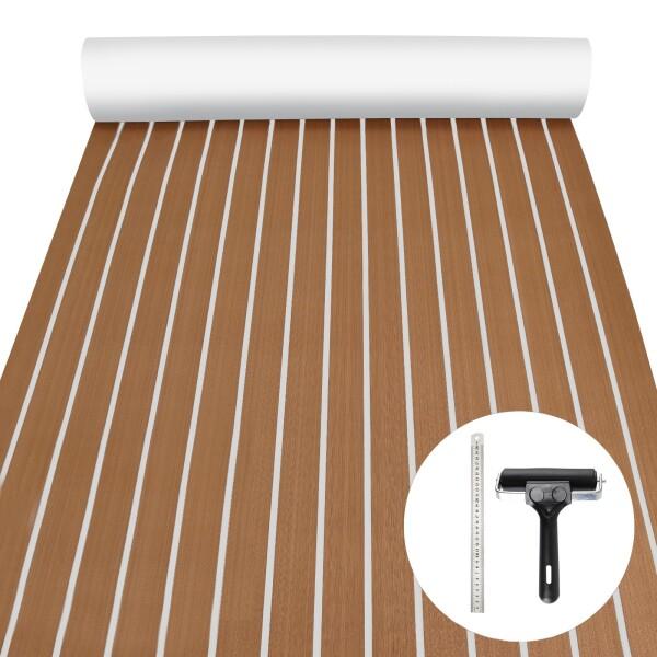 LOOGHARTTE デッキシート 240 x 90cm デッキマット 船 、アップグレードされた高強度接着剤ボート デッキシート、滑り止めのフェイクティークボートデッキマットローラーとルーラー付きのボート用 (ブラウンとホワイトの縫い目ラ...