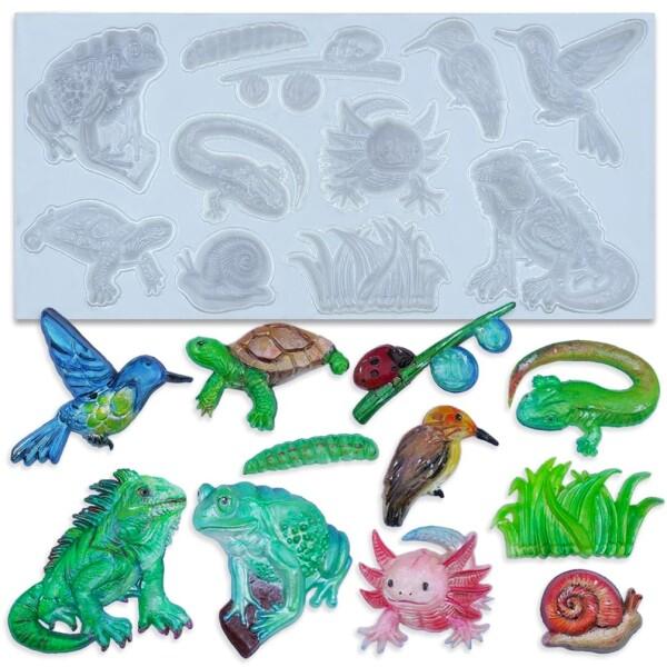 FUNSHOWCASE 生き物 爬虫類 鳥 シリコンモールド カエル カタツムリ トカゲ ハチドリ レジン型 11点セット アクセサリー パーツ イヤリング ピアス キーホルダー 手作り 石膏 石鹸 エポキシ樹脂 粘土 オルゴナイト 抜き型...