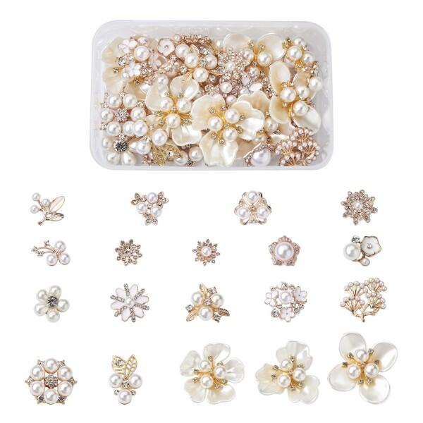 Beadthoven 約38個/箱 多種類 花 フラワー カボション パール ラインストーン付き デコパーツ かんざし ヘアクリップ UVレジン 封入素材 飾り用 DIY ハンドメイド ペンダント ジュエリー 用 ヘアアクセサリー 手芸材料...