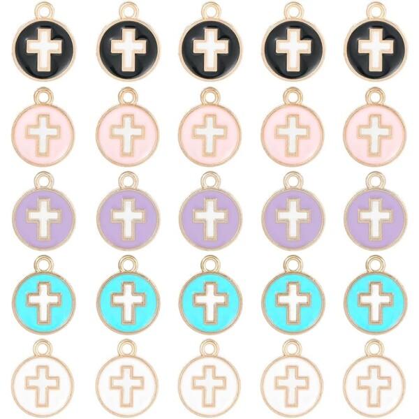 SUNNYCLUE　50個5色　十字架　エナメル　チャーム　イエス　キリスト　クロス　チャーム　キリスト教　瞑想　おしゃれ　アンチーク　インテリア　スタンドタイプ　インテリア　礼拝　十字　置く物　ビンテージ　カトリック　さな　ぶら下げ　壁の...