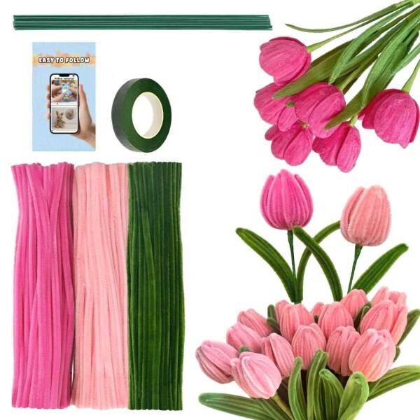 手芸モール フラワーモール カラーミックス 工作 モール 300本 6ｍｍ 花束 モールフラワー キット 人工花茎10本とフラワーテープ 緑1巻と DIY 飾り物 造形材料 学校 手作り素材 手芸 用品 記念日 誕生日 母の日 バレンタイン...