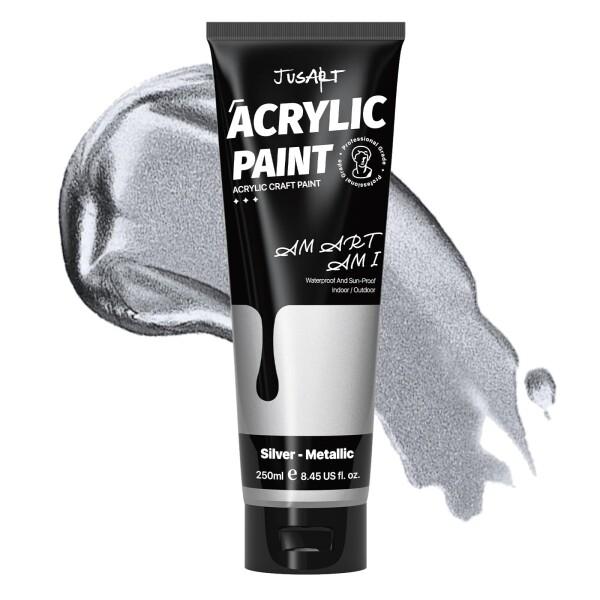 JusArt アクリル絵の具 メタリックシルバー 250ml大容量 無毒 クラフト用塗料 色あせしにくい高発色 顔料タイプ キャンバス/木材/布/粘土/石/陶器に適した アート用品 大人/子供/アーティスト用商品コード：5508085747...