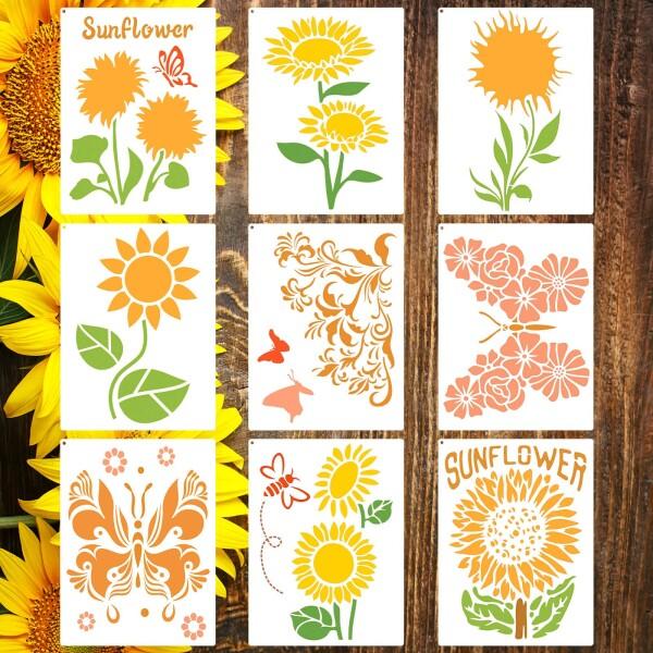 ひまわりの蝶ステンシル9個、再利用可能なPETサンフラワーテンプレート、DIYクラフトペイントステンシル、メタルオープンリング付き、木製キャンバスペーパーファブリック壁家具へのペイント用、8x11インチ商品コード：55080857519型番...