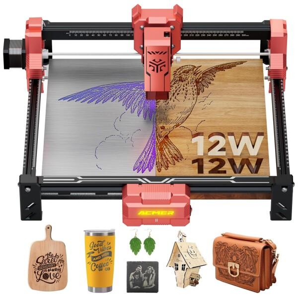 ACMER S2 レーザー彫刻機 12000mW クラス1 高精度 ミニ 彫刻機 LightBurn と互換性があり 木材、革、アクリル、タンブラーなどのレーザー加工用 DIY 作業領域300*300mm 赤い色商品コード：55080858...