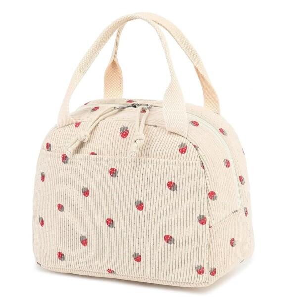 コーデュロイランチバッグ お弁当 サーモス 保冷バッグ 大きめ 弁当箱 ランチトート 大容量 おしゃれ 仕事 ピクニック キャンプ旅行に最適 便利な収納 耐久性と防水性 女性 子供用 保冷保温 ランチ収納バッグ (ストロベリープリント)商品...