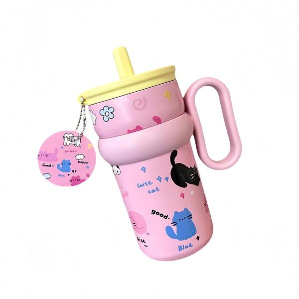 OULOVECO 水筒 540ml 保温保冷タンブラー ストロー付き 316ステンレス鋼内胆 かわいい子猫の落書きパターン 滑り止め/静音/広口洗いやすい オフィス 職場 アウトドア スポーツ ギフトに最適（ピンク）商品コード：550808...