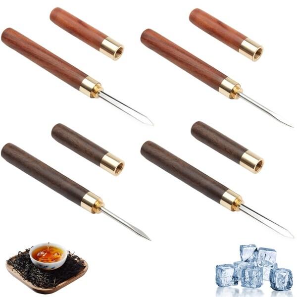 アイスピック 木目調 4本セット ステンレススチール 木製ハンドル 氷割り 砕氷道具 保護キャップ付き 誤傷防止収納デザイン 耐久性 軽量 携帯 多用途 茶餅 氷のかたまり 冷蔵庫の氷でも 家庭用 キッチン カクテル ピクニック（黒檀木/梨...