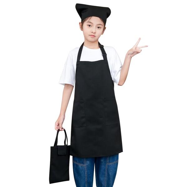 (cozycube) エプロン子供用 キッズ用エプロン 三角巾 巾着バッグセット しわになりにくい 小学生 無地 シンプル 着脱簡単 収納バッグ付き 男女兼用 色落ちしない ホコリ付きにくい (M, ブラック)商品コード：550808605...