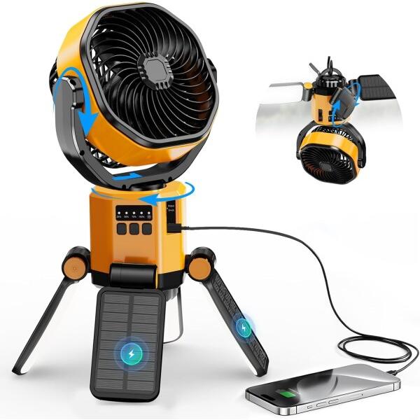 ソーラー扇風機 キャンプファン『4枚独立太陽光パネル＆240°可動式』ソーラー扇風機 キャンプ 自動首振り対応 4段風量/3モード調光 6000mAh大容量 Type-C充電 アウトドア USB充電器機能 角度調整可能低騒音 省エネ 持ち運...