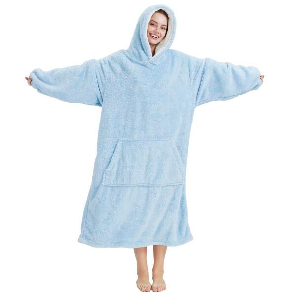 (潤木社) 着る毛布 レディース メンズ もこもこ おしゃれ かわいい 人気 大判 ポケット付き フード 長袖 防寒保温対策グッズ 暖かい 冬用ルームウェア 部屋着 室内服 着るブランケット パジャマ 誕生日 クリスマス プレゼント (ブル...