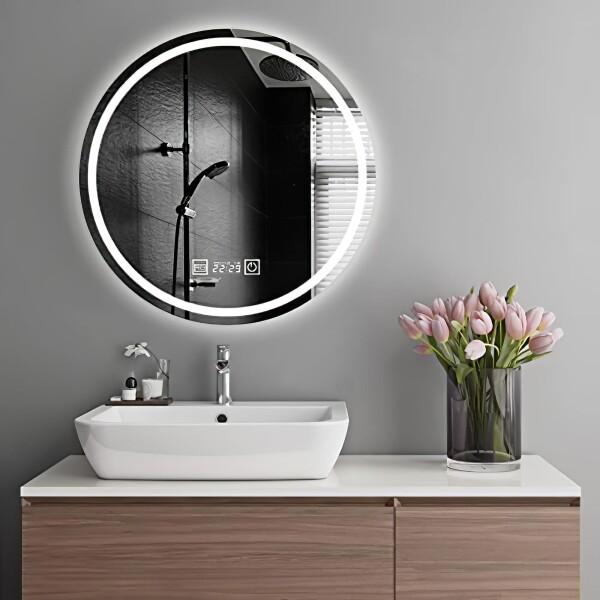 ミルオ君の鏡工房 LED浴室ミラー ウォールミラー 化粧鏡 壁掛け 照明付き ドレッサー 洗面所 洗面台 省エネ 明るさ調整 曇り防止機能 防水加工 飛散防止 丸型 内蔵LED 50×50cm商品コード：55080863321型番：AD04...