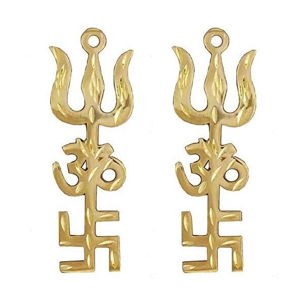 オーガニックハーブ 2個パック ゴールドメッキ ヒンドゥー教 宗教 トライシャクティ - トリシュル OM オウム、Swastik Swastika - メタルハンギングホームデコレーション 4インチ商品コード：55080864384型番：...