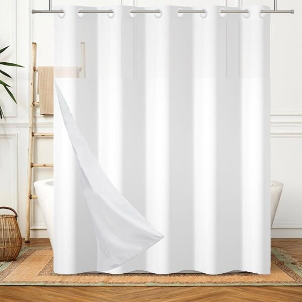 Qinunipoto 白いシャワーカーテン フック不要 90 × 150cm 無地 白いフックレス スナップインライナー付き 2層防水生地 取付簡単 防カビ 撥水速乾 メッシュトップウィンドウ付き 豪華ホテルお風呂用カーテン バス用品 お風...
