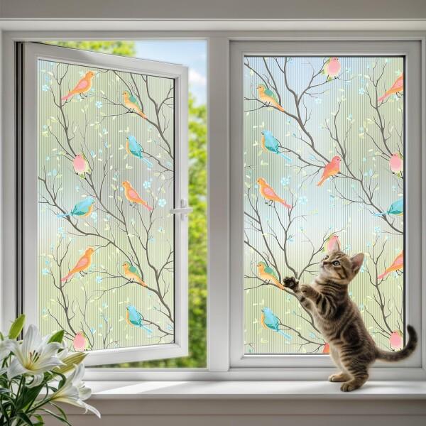 Qualsen 窓ガラス目隠しフィルム 窓 目隠しシート 窓用フィルム すりガラス調 断熱 遮光 UVカット 飛散防止 台風対策 貼り直し可能 寝室/玄関適応(五色鳥柄 30x120cm)商品コード：55080867885型番：YYP401...