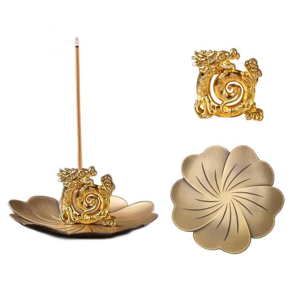 Doyime お香立て ミニお線香立て香炉ホルダー お香たて 香皿 お香置き 癒やし香炉 干支飾り 龍 金竜+皿 和風 おしゃれ 灰がこぼれない 使いやすい 耐久性 多機能 喫茶店 茶屋 ヨガ館用 インテリア 浄化 瞑想 睡眠 リラックス(...