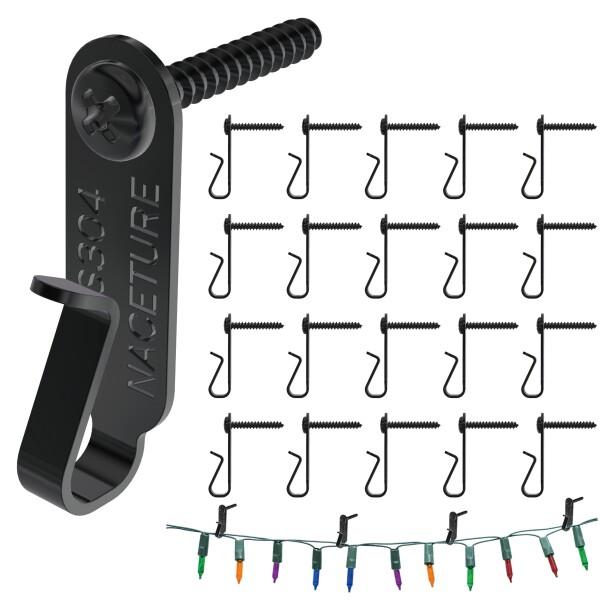 20パックのライトハンガーフック - クリスマスライトやLEDライトワイヤー、LEDフェアリー、ライト用のステンレス製スクリュークリップ、ライト用のガターフック、パティオ用のメタルストリングライトフック、屋外用のロープライトクリップ (くろ...
