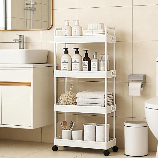 Aissiora 収納ラック キャスター付き 隙間収納カート 4段 キッチンワゴン すき間ワゴン スリム 小物 スパイス 調味料収納ラック ワゴン 食品棚 コーナーラック オープンシェルフ 洗面所/冷蔵庫横/台所/トイレ収納（白，4段）商品...