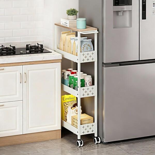 Aissiora キッチンワゴン 17cm隙間収納 4段収納カート 天板付き キッチンワゴン スリム 木製トップ付き 細い棚 スリム 移動式ラック 調味料 スキンケア収納 組立簡単 強い耐荷重 冷蔵庫横/浴室/台所/洗面所/狭いスペース/き...