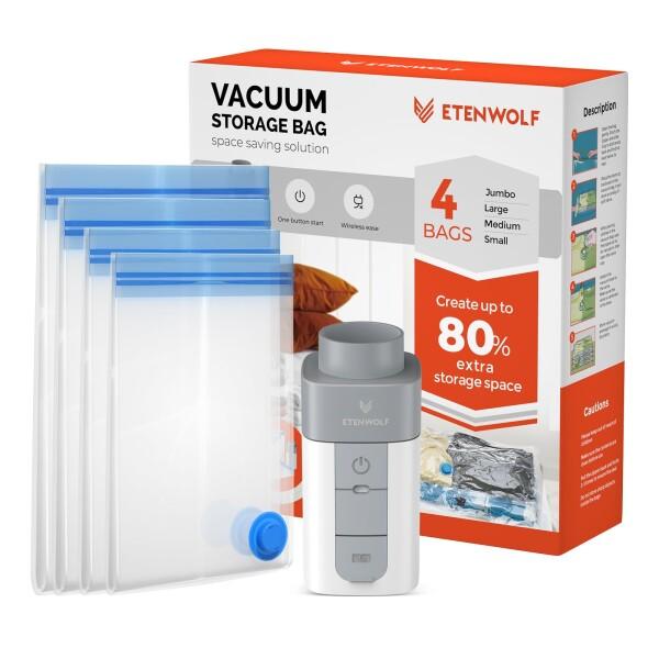 ETENWOLF 真空 衣類圧縮袋 旅行 布団圧縮袋 4 枚セット 電動コードレスポンプ付き （100×70cm、80×60cm、70×50cm、60×40cm 各1枚） 布団 毛布 寝具 洋服収納用 高密封性 再利用可能 圧縮パック 収納...