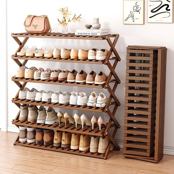 Fuyutu シューズラック 折りたたみ スリム 省スペース 4段/5段/6段 天然竹製 完成品 幅50/70/100cm 組立不要 靴棚 靴収納 玄関 室内 廊下 部屋 (ブラウン, 6段-幅70cm)商品コード：55080869701型...