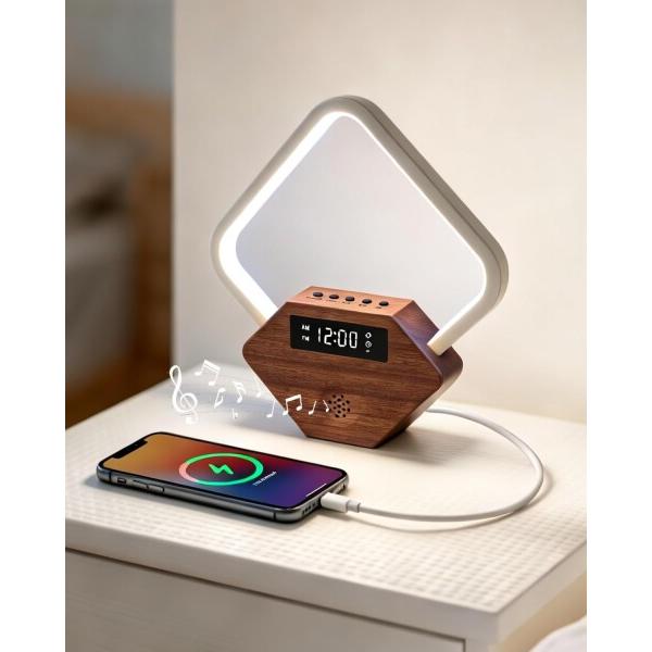 木製 光目覚まし時計 デジタル 3色LEDランプ 無段階調光 間接照明 おしゃれ 子供 寝室 卓上 ベッド ライト スタンド 授乳ライト 15種類のホワイトノイズマシン 発生器 30/60/90分タイマー 赤ちゃん 寝かしつけ オルゴール ...