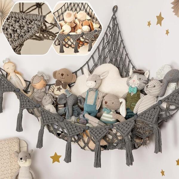 Osznmmg ぬいぐるみ 収納 純綿製 手作り ぬいぐるみ収納ネット 壁掛け おもちゃ収納 収納用三角ネット 室内用 (グレー, 100×100×150cm)商品コード：55080871105型番：Osznmmgサイズ：100×100×1...