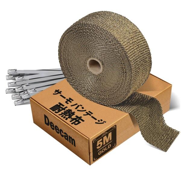 Deecam 耐熱バンテージ, 玄武岩ガラス繊維, 5cm x 5m, 1600[度]耐熱, マフラー・薪ストーブ・煙突用, 結束バンド付き, ゴールド商品コード：55080872452型番：LSJPYDCカラー：金高耐熱性: 1600[度...