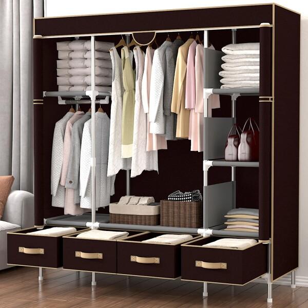 ワードローブ 大容量 収納クローゼット 引き出し4つ付き フードハンガー 簡単組立式 調節可能なスペース 収納棚 防水・防塵・防汚（150×奥行45×高さ170cm） (ダークブラウン)商品コード：55080874385型番：TAJP-QJ...