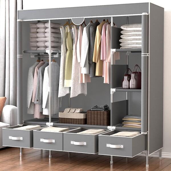 ワードローブ 大容量 収納クローゼット 引き出し4つ付き フードハンガー 簡単組立式 調節可能なスペース 収納棚 防水・防塵・防汚（150×奥行45×高さ170cm） (グレー)商品コード：55080874386型番：TAJP-QJ-01-...