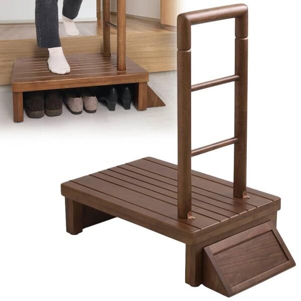 iimono117 手すり付き 踏み台 玄関台 木製 天然木高さ18cm 安心 耐荷重 100kg 手すり台 おしゃれ 玄関 台 段差ステップ ひざ 腰 負担軽減 子供 高齢者 ペット (ブラウン, 幅60cm)商品コード：55080875...